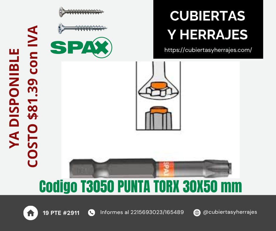 Punta Torx Para Tornillos Spax T30 X 50mm – Cubiertas y Herrajes